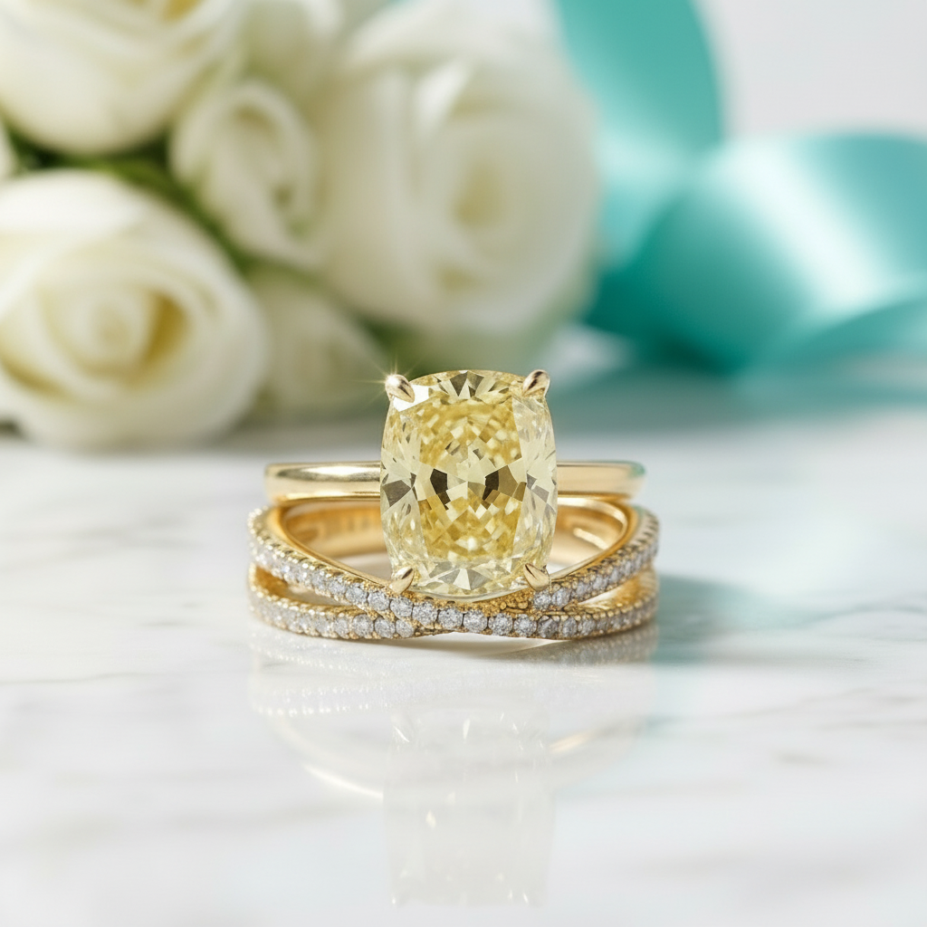 4.5 ct Cushion Cut topaz Gold Wedding Set – Evani Jewelry