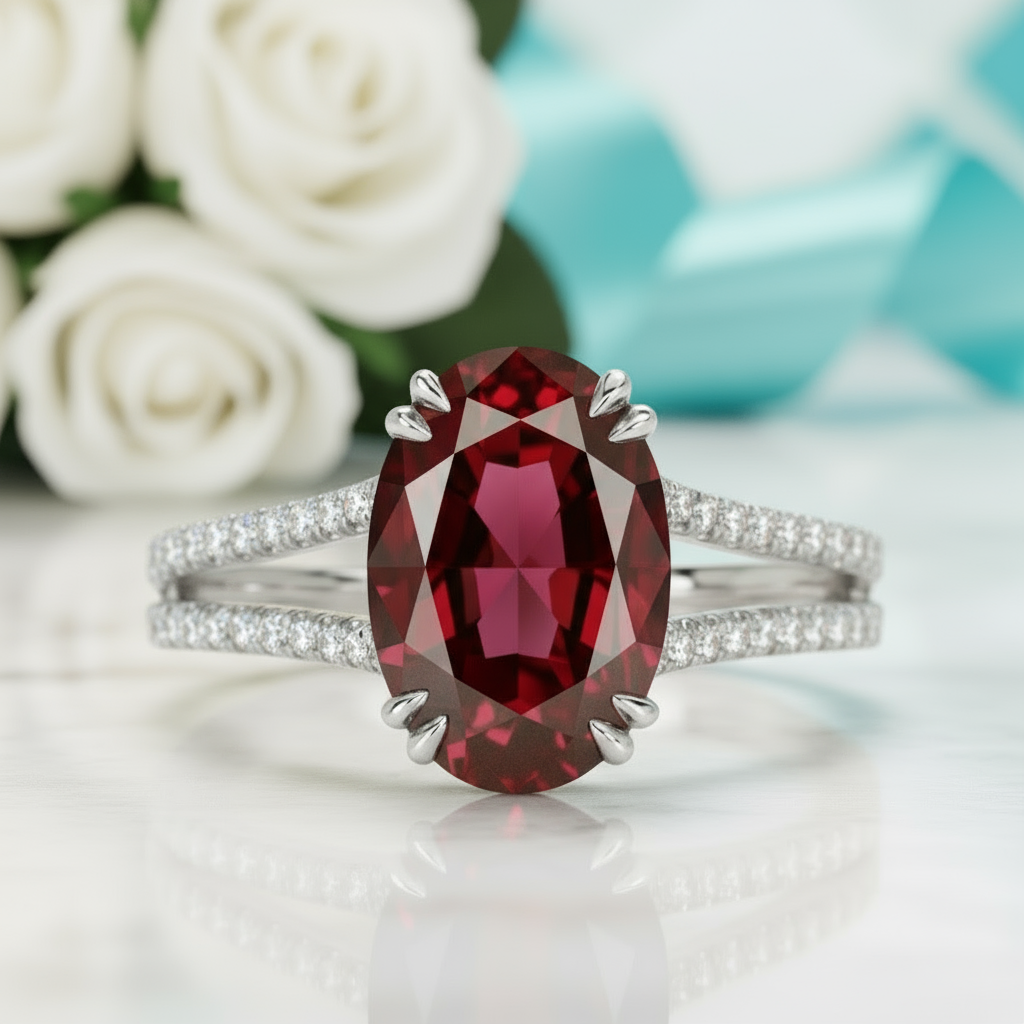 2.90 Ct Ruby Oval Cut Split Shank Engagement Ring – Evani Jewelry