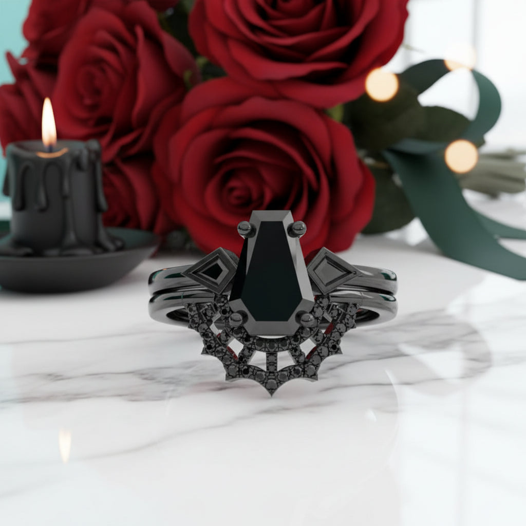 LOVE SPELL Gothic Spider Web Wedding Ring Set in 14k Gold Coffin Cut D ...